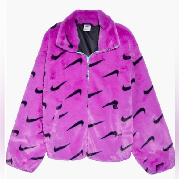 Nike | Jackets & Coats | Nike Swoosh Logo Faux Fur Jacket In Maroon And ...